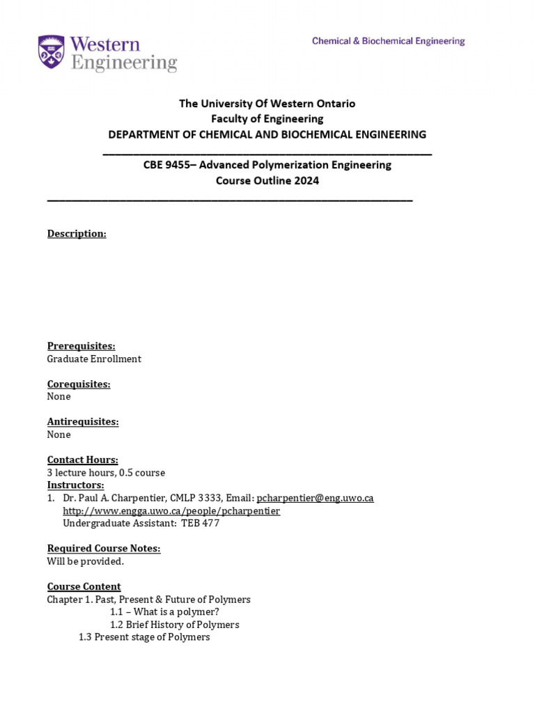 CBE 9455 Polymer Engineering Course Outline 2024 | PDF | Copolymer ...