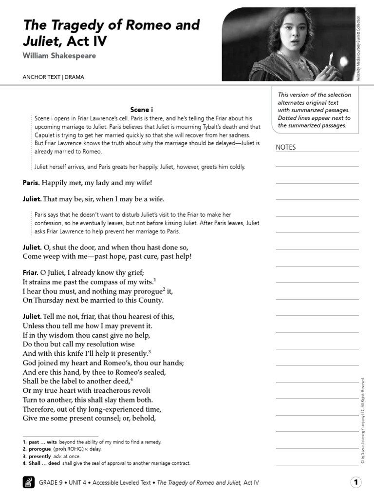 The Tragedy of Romeo and Juliet, Act IV - Accessible Leveled Text | PDF ...
