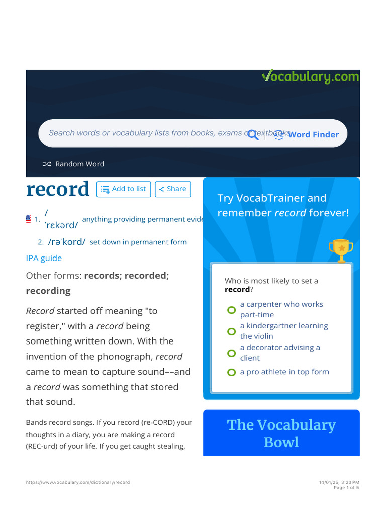 Record - Definition, Meaning & Synonyms | PDF | Vocabulary