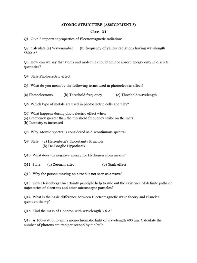 ASSIGNMENT-3 ATOMIC STRUCTURE | PDF | Photoelectric Effect | Electron