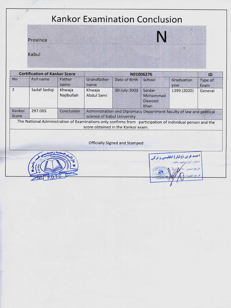 Certification of Kankor Result | PDF
