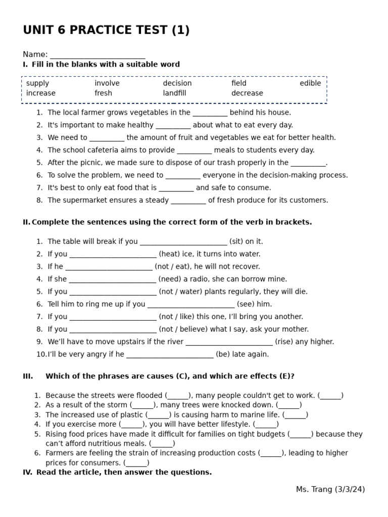 I2 U6 Practice Test (3:3) | PDF | Vegetables | Foods