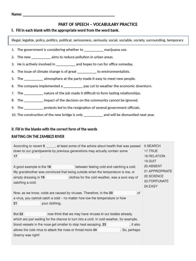 Part of Speech Exercise | PDF
