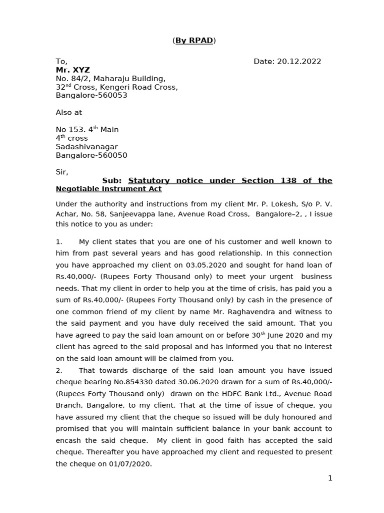 Legal Notice for Cheque Bounce Claim | PDF | Cheque | Banks