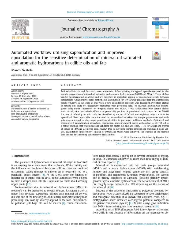 Journal of Chromatography A: Marco Nestola | PDF | Cooking Oil | Alkene