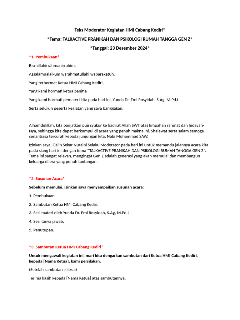 Teks Moderator Kegiatan HMI Cabang Kediri | PDF
