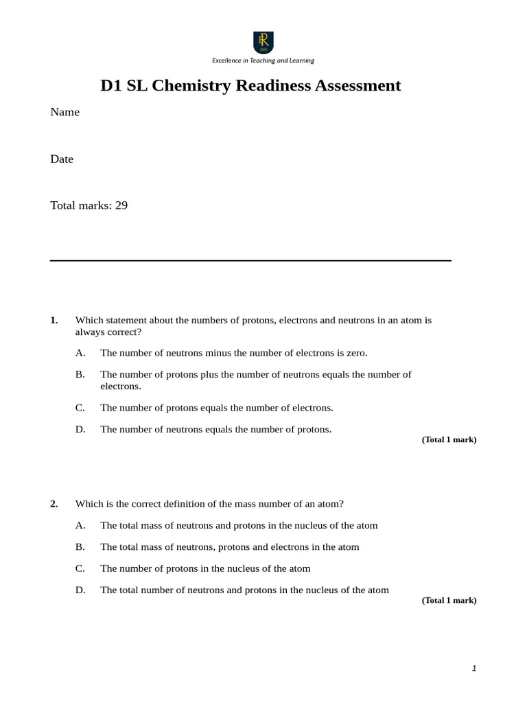D1 Atomic Structure SLHL Readiness Assess | PDF | Atoms | Isotope