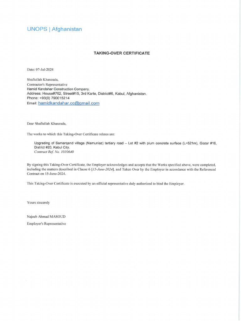 Taking Over Certificate 1010640 | PDF