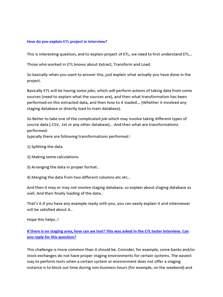 Explaining ETL Projects in Interviews | PDF | Software Testing | Data ...