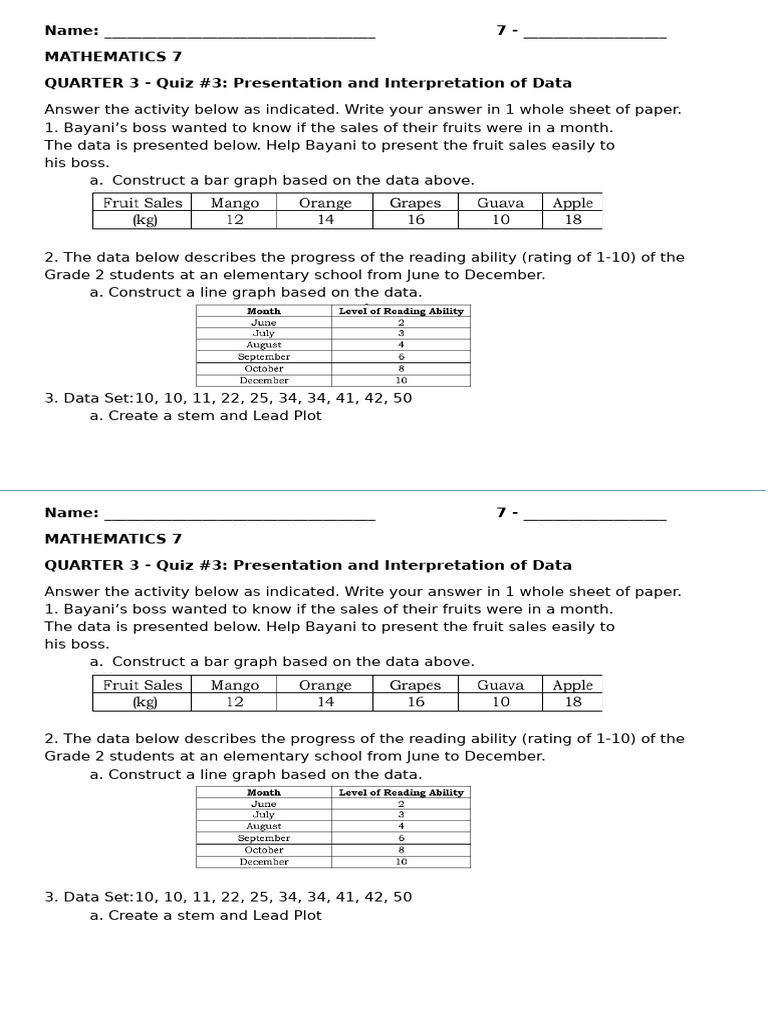 Quiz #3 - Bar Graph and Line Graph, Stem and Leaf Plot, Interpretation ...