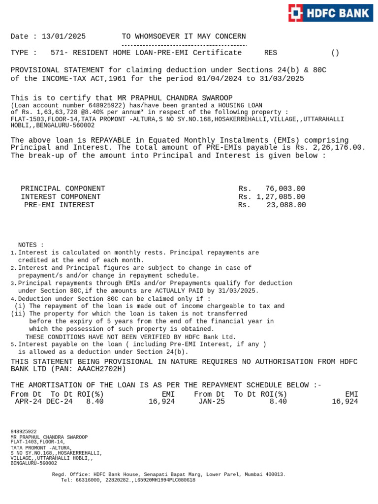 Pre-EMI Certificate | PDF | Loans | Tax Deduction