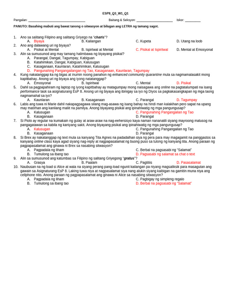 ESP8 - Q3 - W1 - Q1 - Q3 - Quiz 1 - Mga Biyaya at Pagpapakita NG Pasasalamat | PDF