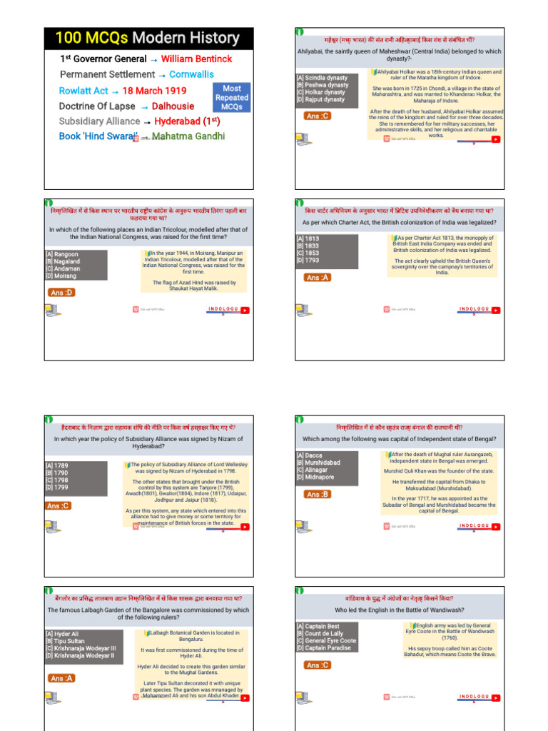 Key MCQs on Modern Indian History | PDF | British India | Indian ...