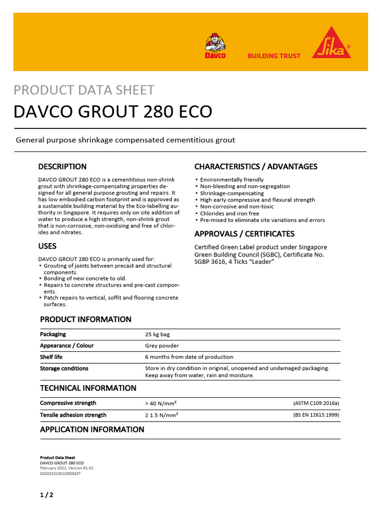Davco Grout 280 Eco | PDF | Concrete | Materials