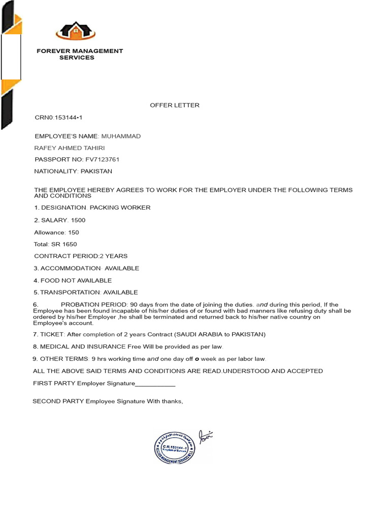Employment Offer for Packing Worker | PDF