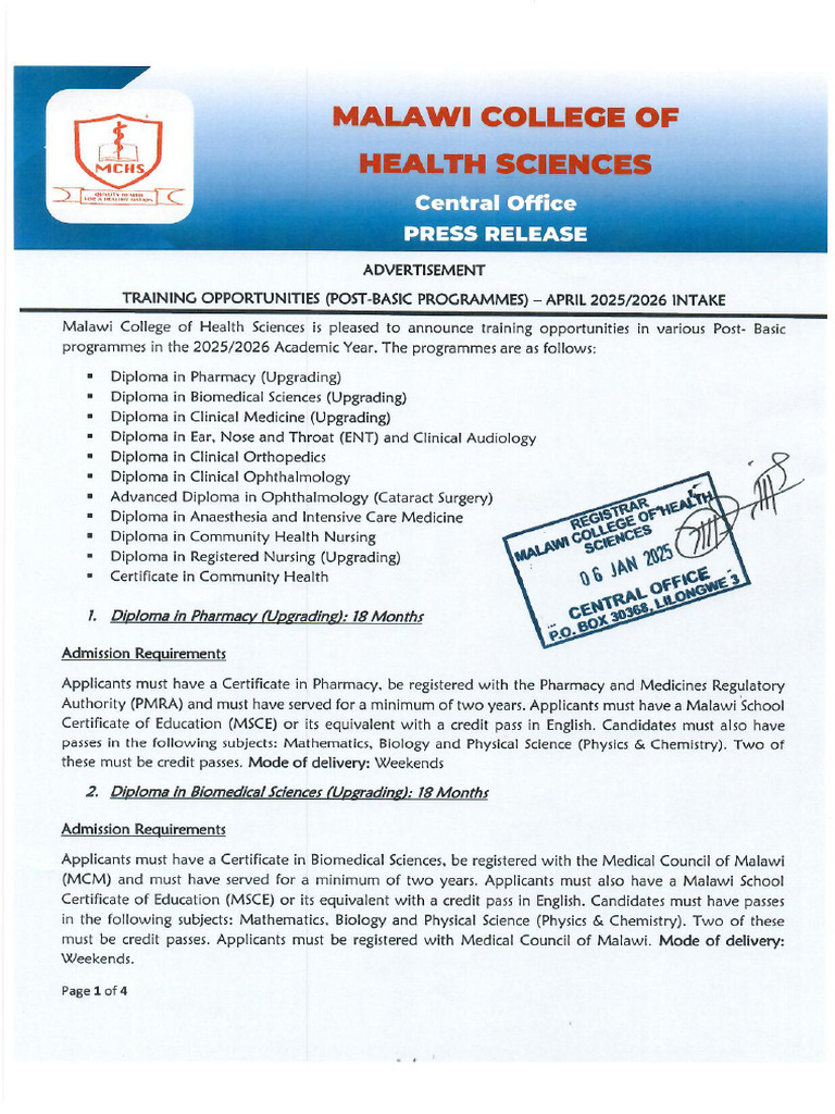 MCHS 2025 Post Basic Advert - 050030 | PDF