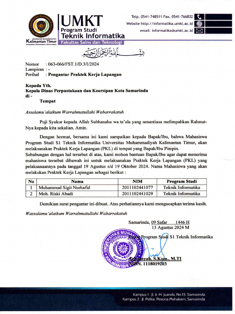 (063-066) Surat Pengantar PKL - Muhammad Sigit Nurhafid - Dinas Perpustakaan Dan Kearsipan Kota ...