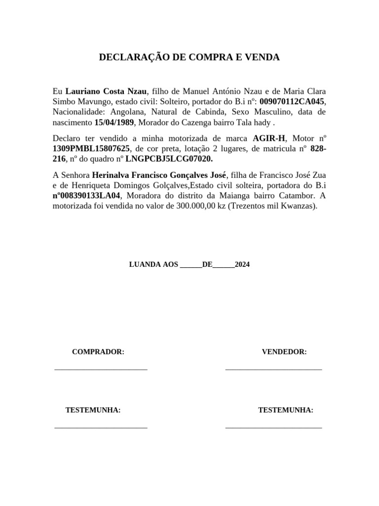 Declaração de Compra e Vendas | PDF