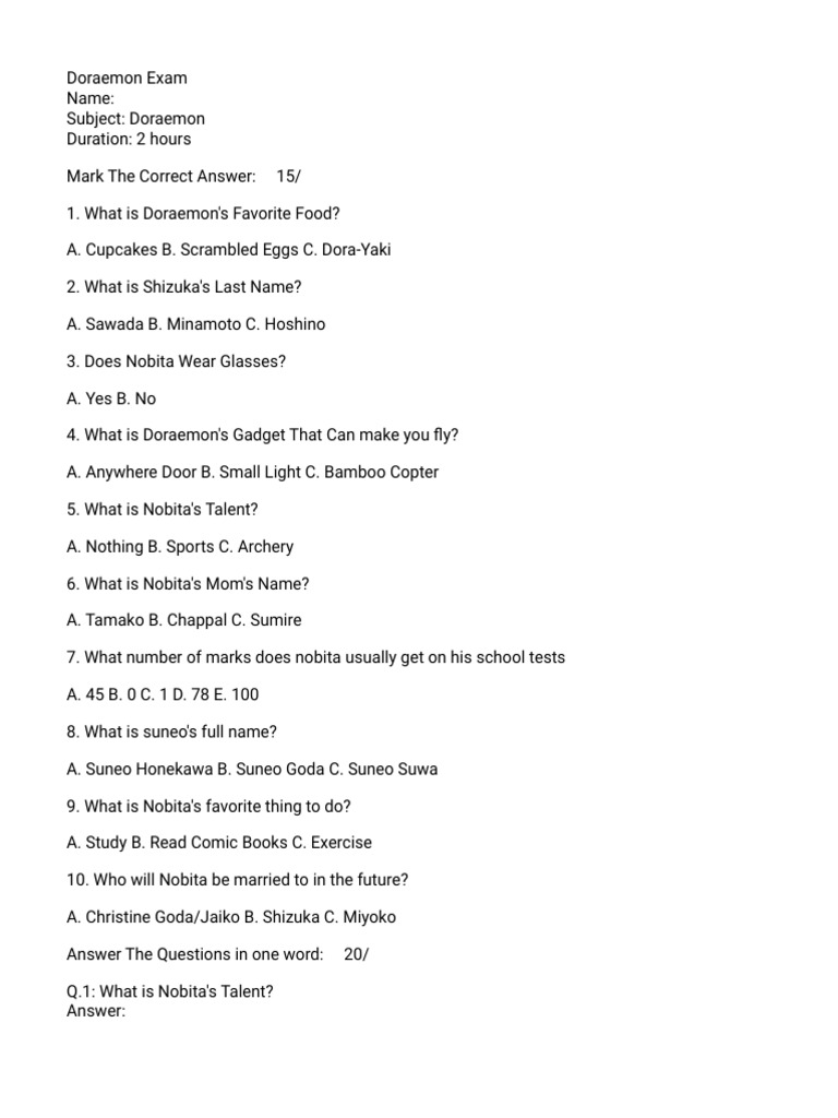 Doraemon Exam | PDF