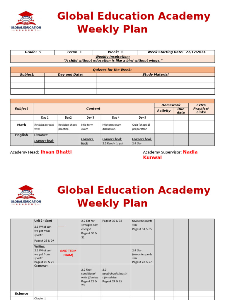 GEA Weekly Plan G5 W6 | PDF