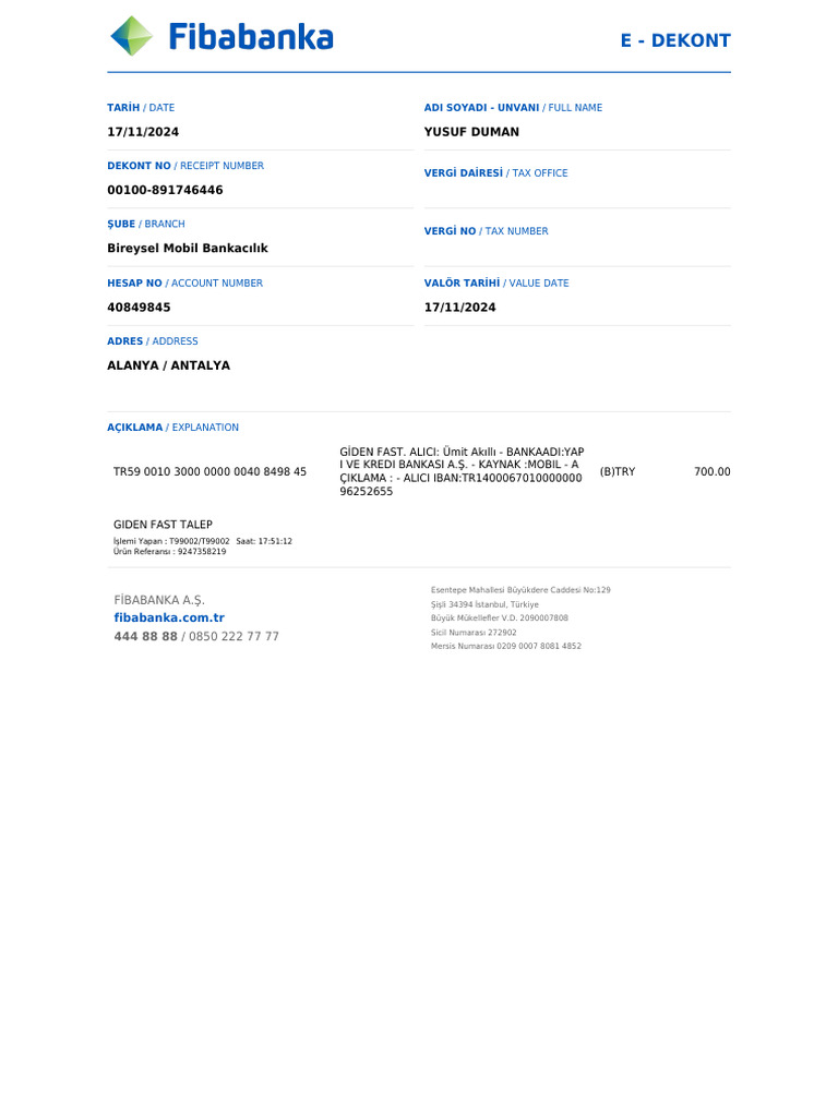 E - Dekont: 17/11/2024 Yusuf Duman | PDF