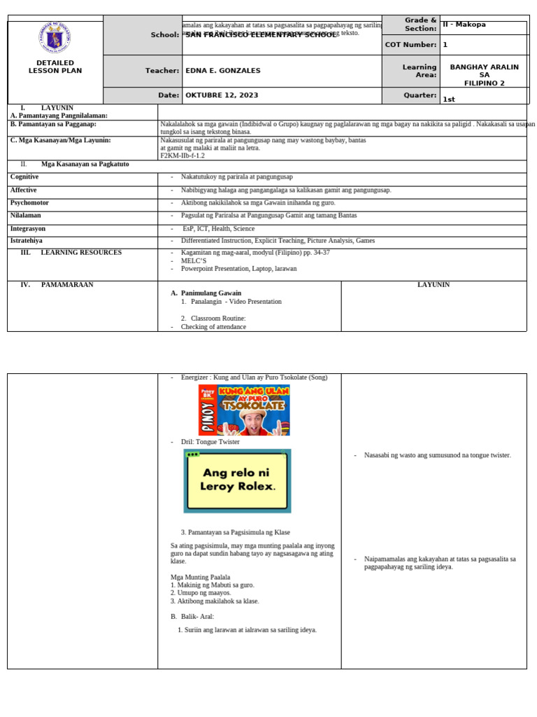 COT Lesson Plan Sa FILIPINO | PDF