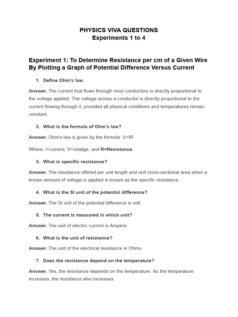 Physics Viva questions (exp 1-4) | PDF | Voltage | Electrical Resistivity And Conductivity