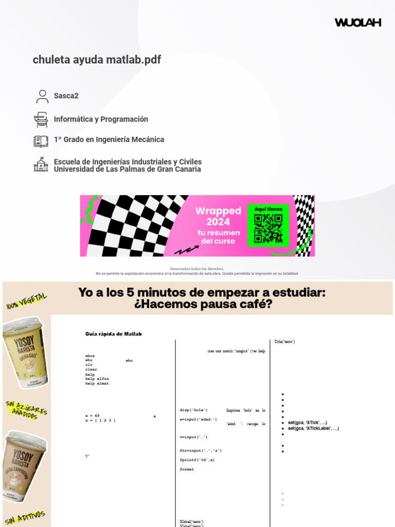 Hoja de chuleta de MATLAB | PDF | Matriz (Matemáticas) | Programación ...