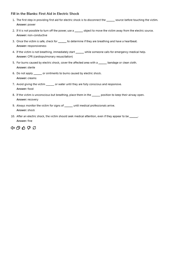 Fill in The Blanks On Topic First Aid in Electric Shock | PDF