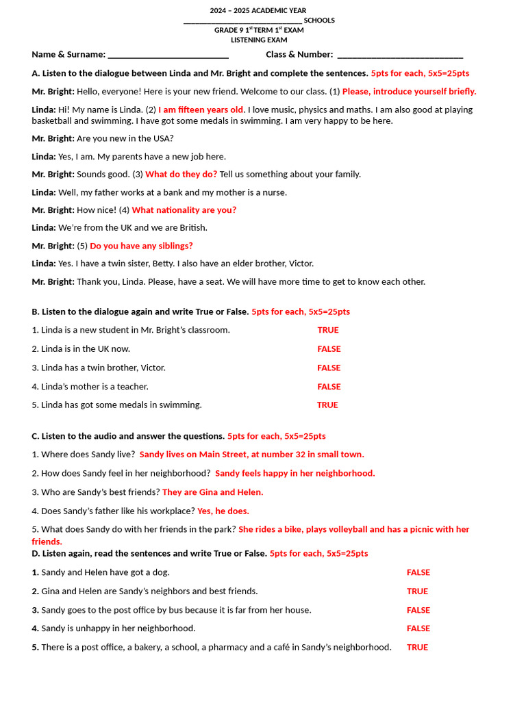 Grade 9 Listening Exam Instructions | PDF