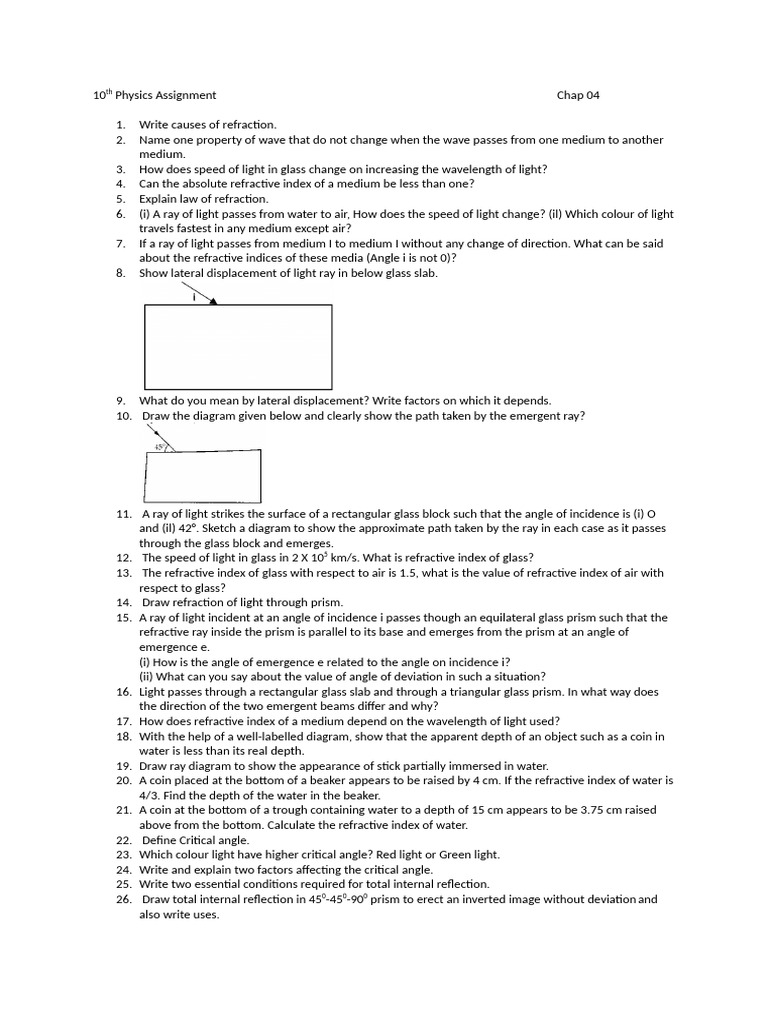 Physics Refraction Assignment | PDF | Refraction | Refractive Index