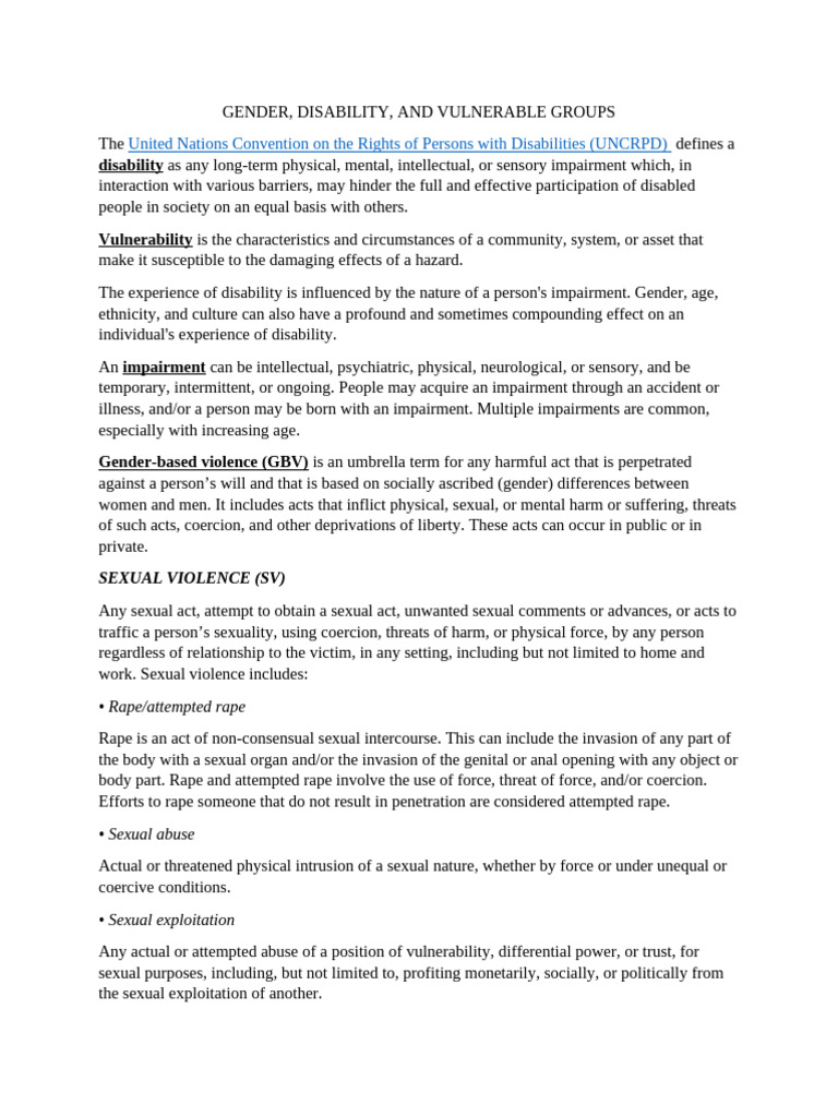 Gender, Disability and Vulnerable Groups | PDF | Domestic Violence | Rape