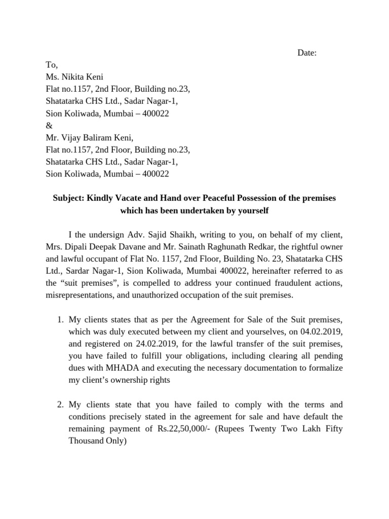 Redkar Possession Notice | PDF | Civil Law (Legal System) | Justice