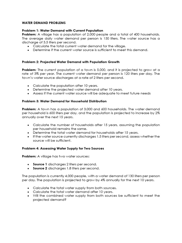 Water Demand Problems Questions Only | PDF