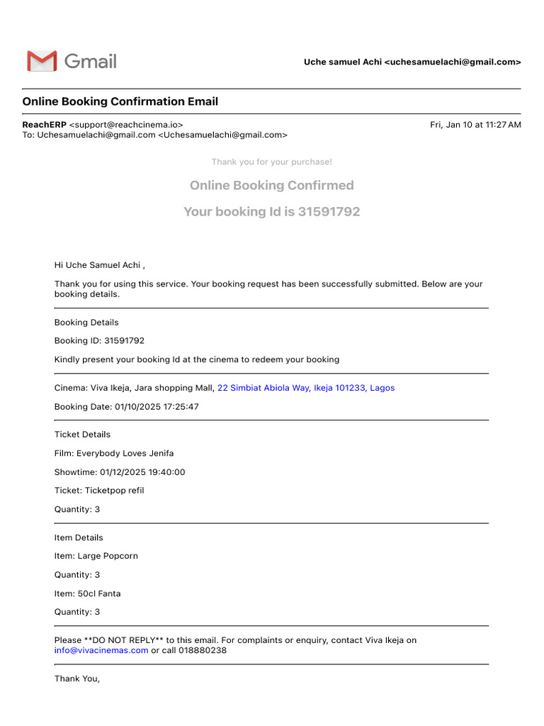 Online Booking Confirmation for Cinema | PDF