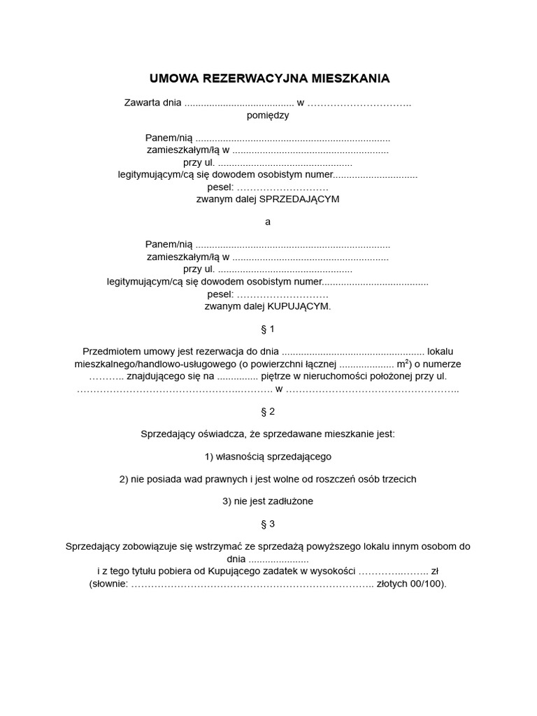 Umowa Rezerwacyjna Mieszkania w PDF | PDF