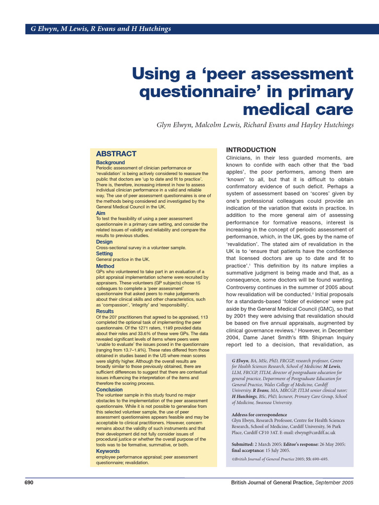 Using A Peer Assessment Questionnaire' in Primary Medical Care | PDF ...
