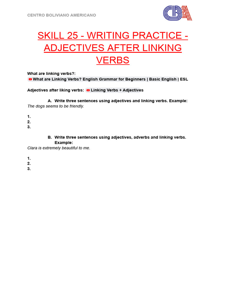 SKILL 25 - WRITING PRACTICE - ADJECTIVES AFTER LINKING VERBS | PDF