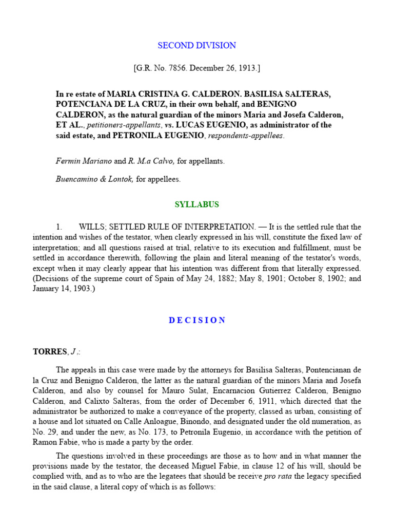 Estate Case: Calderon vs. Eugenio | PDF | Will And Testament | Private Law