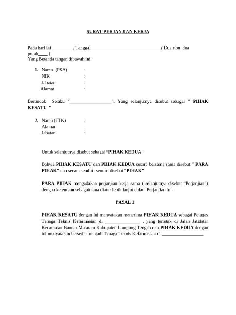 Form Surat Perjanjian Kerja TTK | PDF