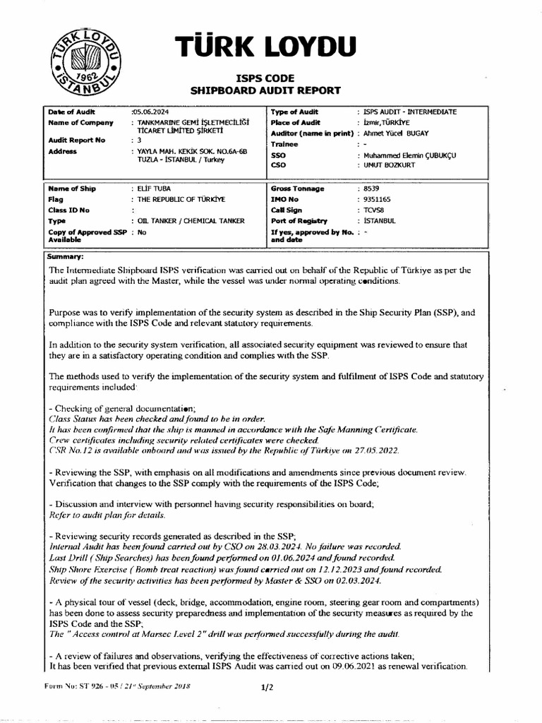 Isps Code Shipboard Audit Report | PDF | International Relations | Law ...