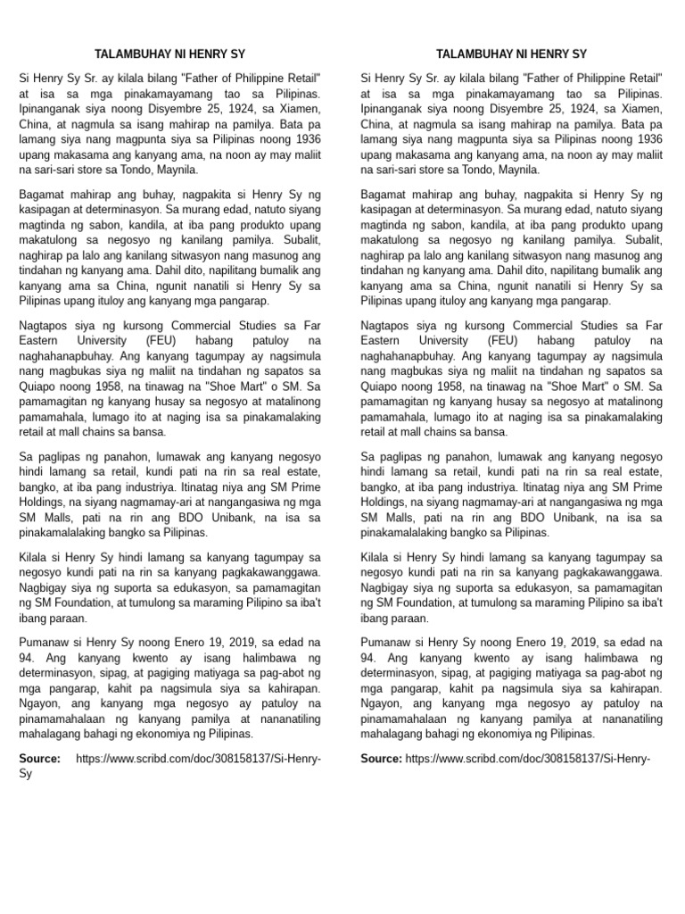 Talambuhay Ni Henry Sy | PDF