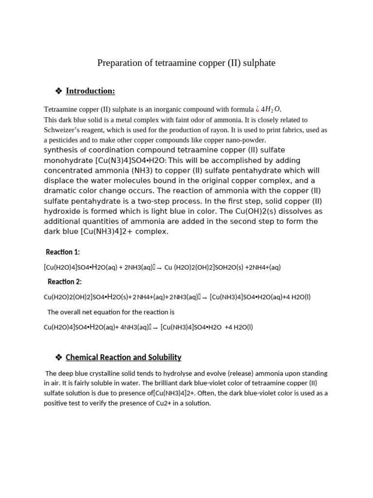 Preparation of Tetraamine Copper | PDF | Ammonia | Copper