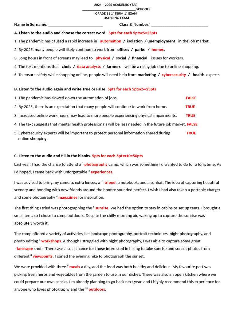 GRADE 11 LISTENING - Answer Key | PDF