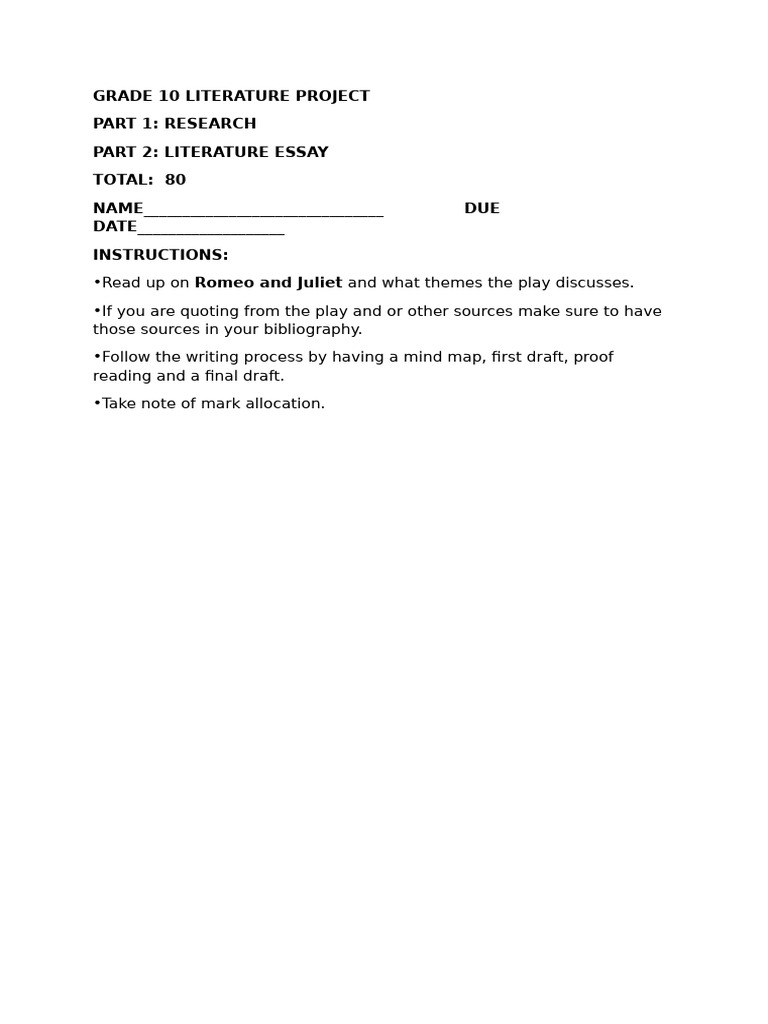 Grade 10 Literature Project Randj | PDF | Play (Theatre) | Romeo And Juliet