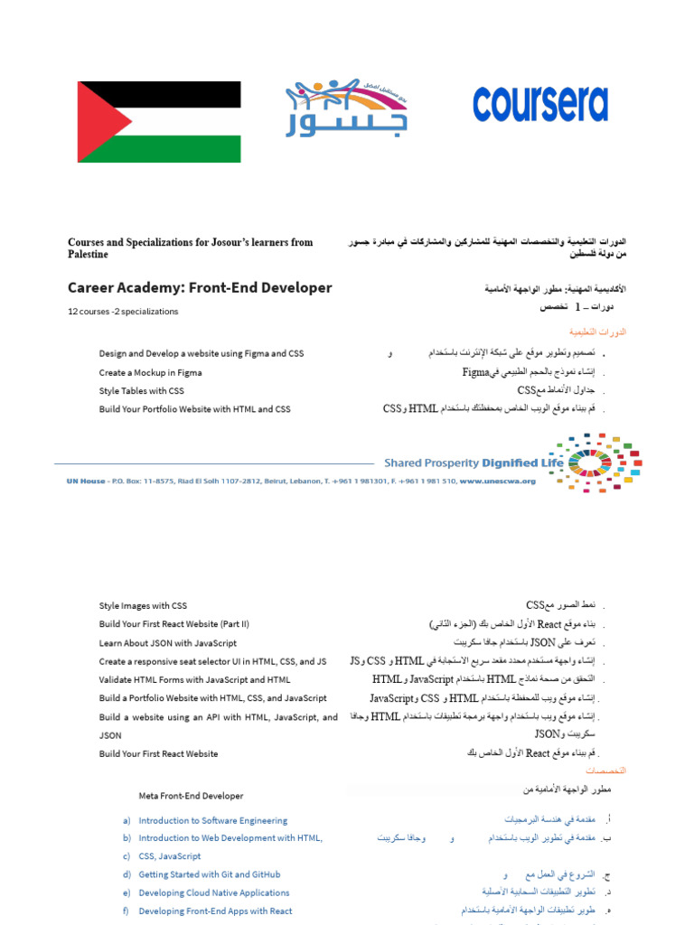 List+of+ESCWA Josour Coursera+of+E Courses+for+Palestine+Youth+AR en | PDF