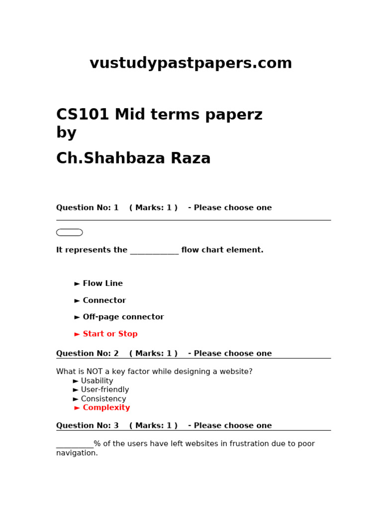 CS101 Mid Terms Paperz by CH - Shahbaza Raza: Start or Stop | PDF | Transmission Control ...
