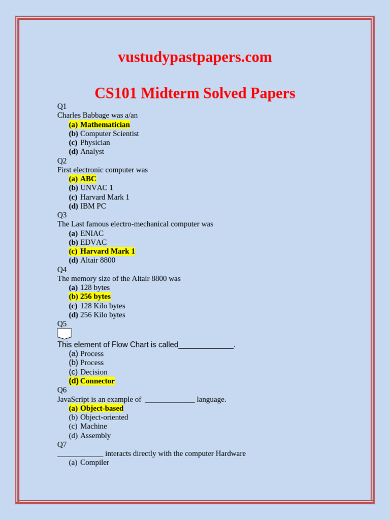 CS101 Midterm Solved Papers: (A) Mathematician (B) (C) (D) | PDF | World Wide Web | Internet & Web