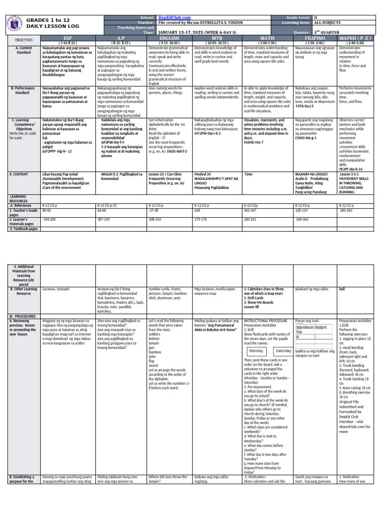 DLL - All Subjects 2 - Q3 - W6 - D3 | PDF | Linguistics