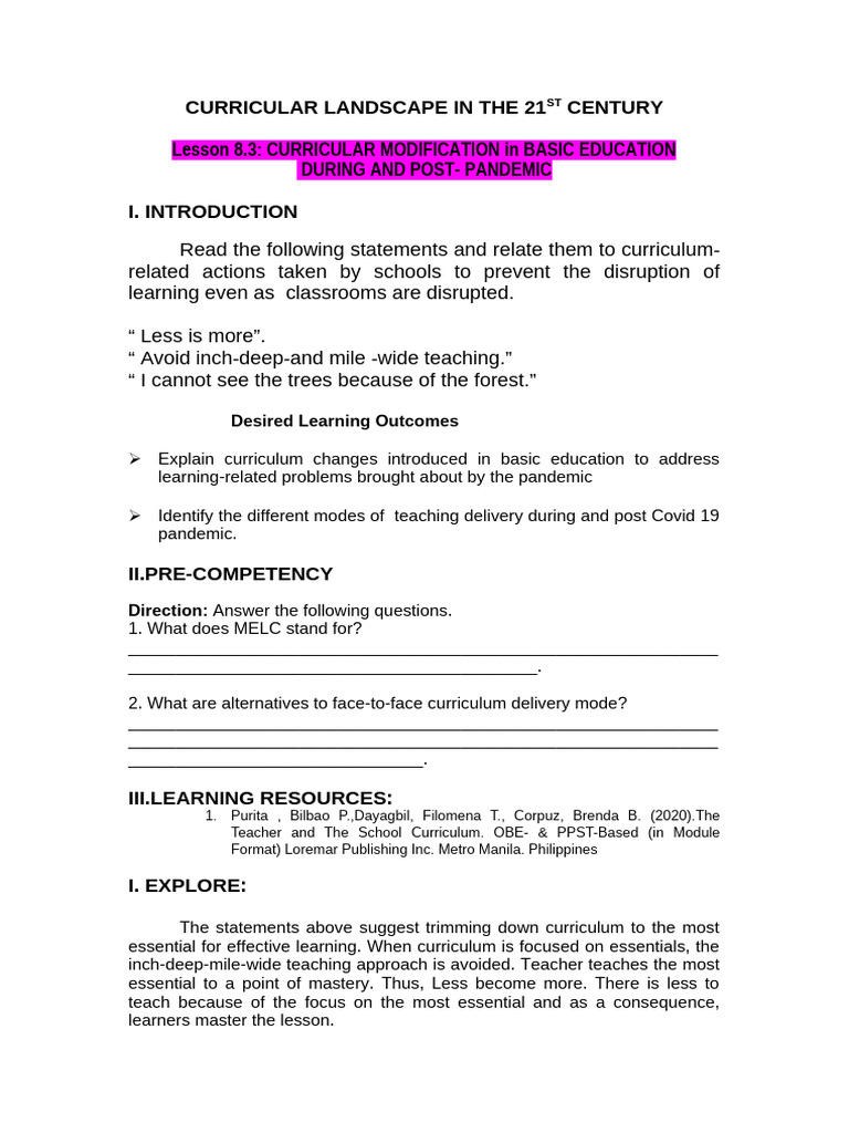 Lesson 8.3, Curricular Modification in Basic Education During and Post ...